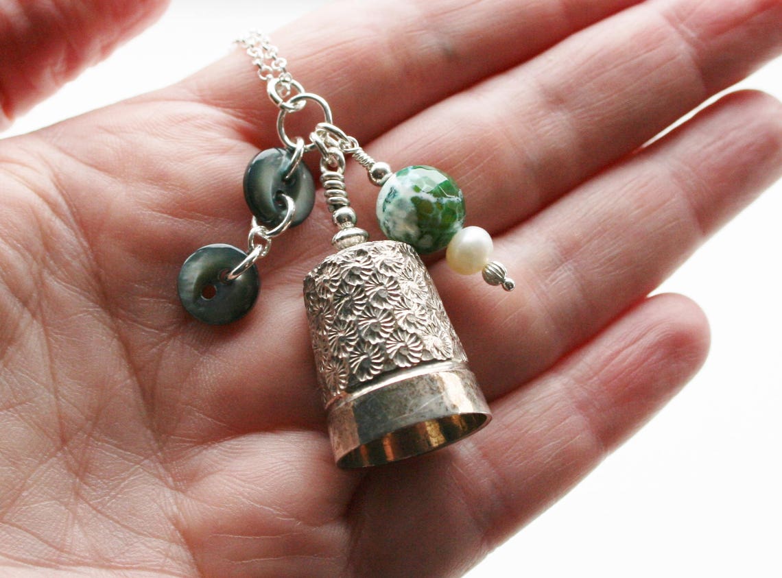 Silver Antique Thimble Charm Necklace Mother of Pearl Buttons Agate ...