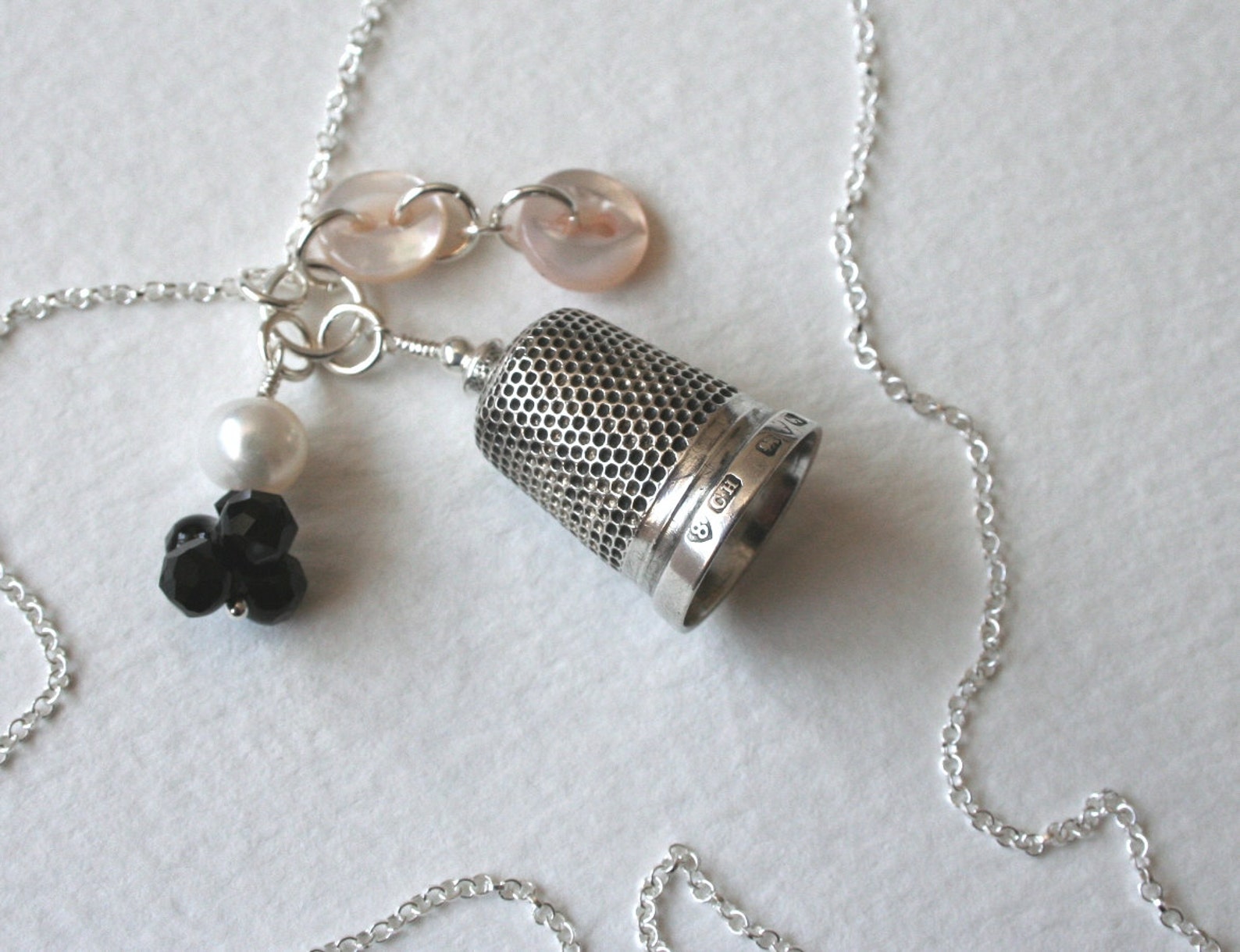Silver Thimble Charm Necklace Crystal and Vintage Buttons - Etsy