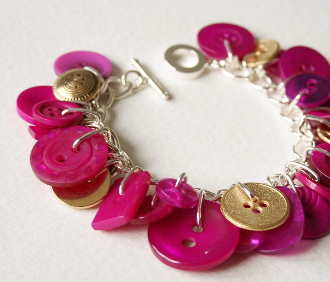 Button Charm Bracelet Magenta Orchid Pink With Gold Accents - Etsy
