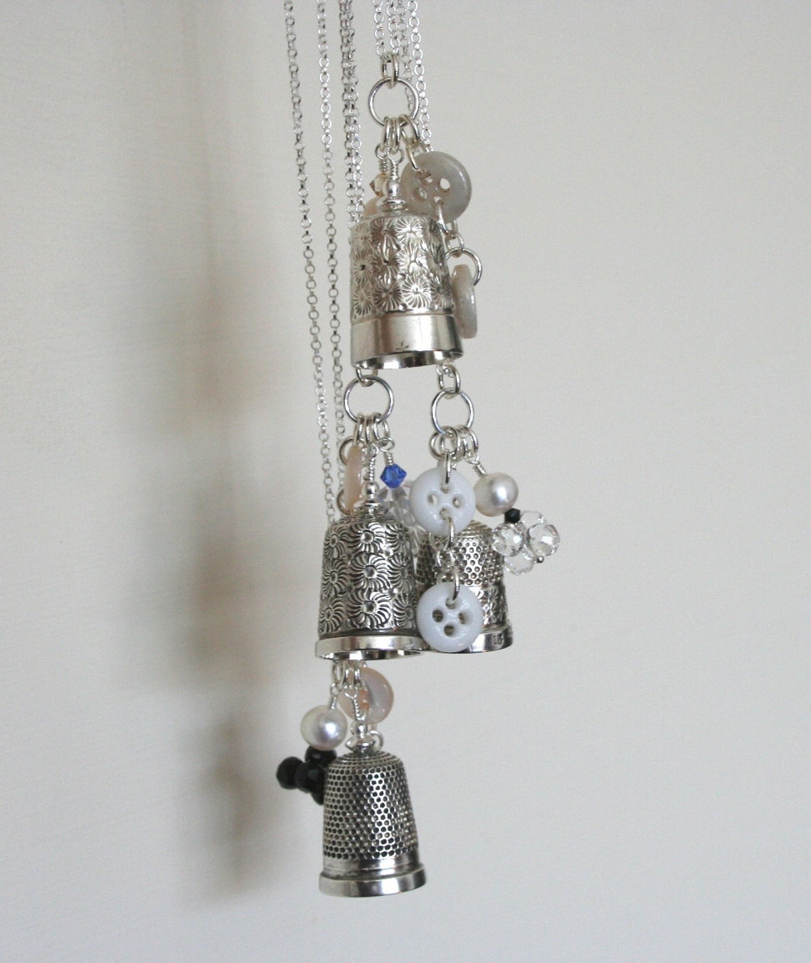 Silver Thimble Charm Necklace Crystal and Vintage Buttons - Etsy