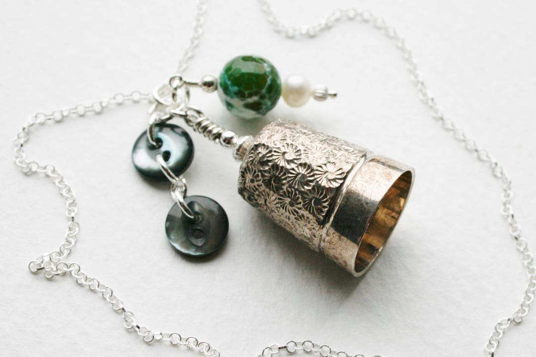 Silver Antique Thimble Charm Necklace Mother of Pearl Buttons Agate ...