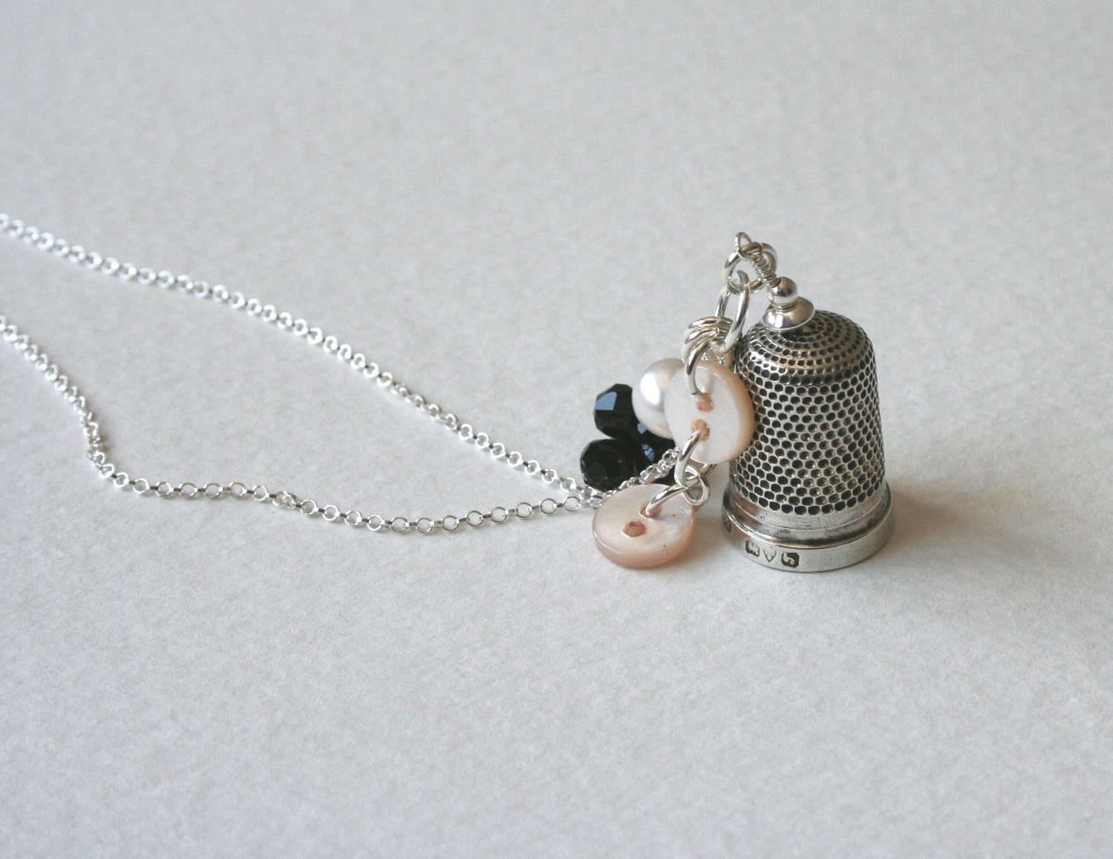 Silver Thimble Charm Necklace Crystal and Vintage Buttons - Etsy
