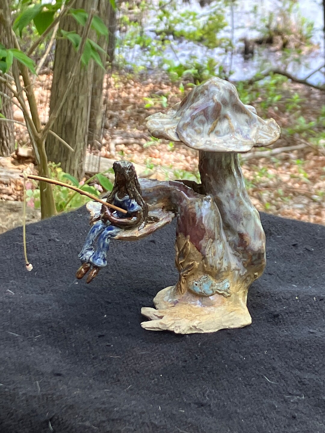 Garden Sculpture, Ceramic Mushroom With Girl Fishing - Etsy