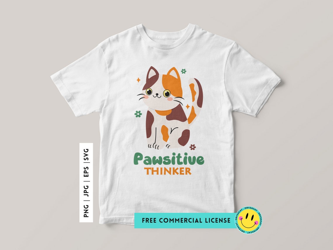 Pawsitive Thinker With Cute Smiley Cat Graphic T-shirt Design,kawaii ...