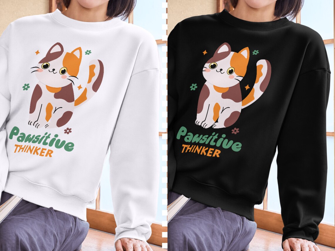 Pawsitive Thinker With Cute Smiley Cat Graphic T-shirt Design,kawaii ...