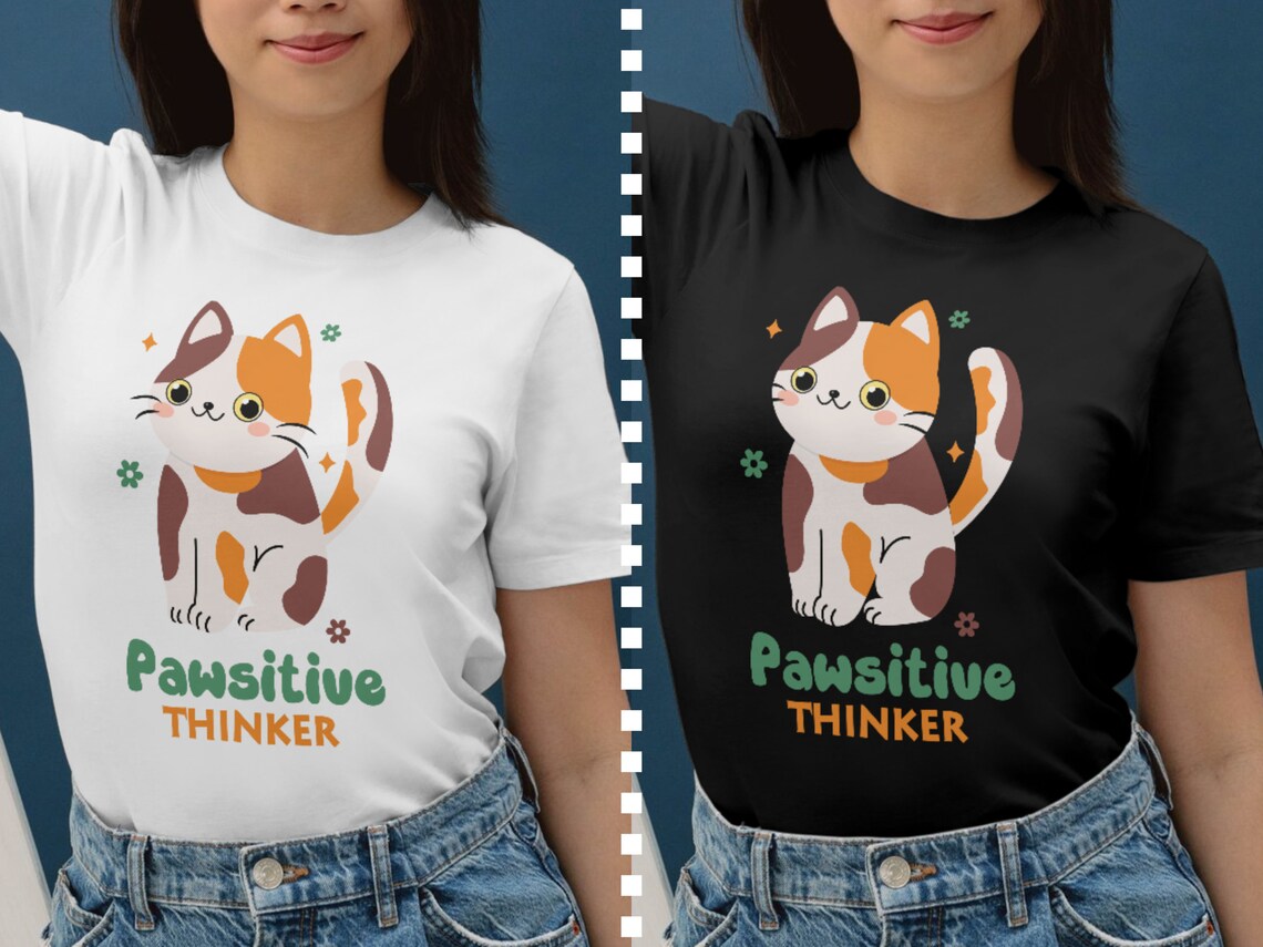 Pawsitive Thinker With Cute Smiley Cat Graphic T-shirt Design,kawaii ...