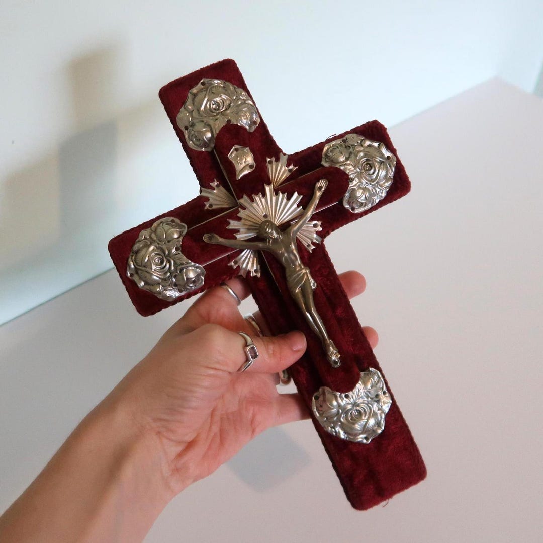 Antique French Velvet Crucifix - 19th Century Religious Wall Art ...