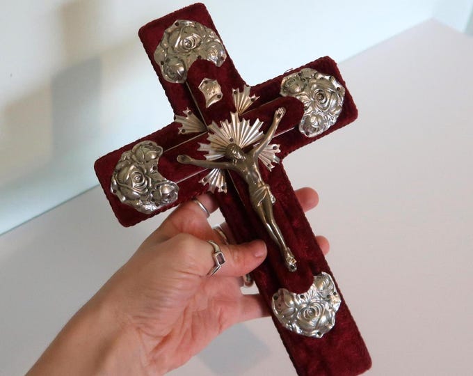 Antique French Velvet Crucifix - 19th Century Religious Wall Art ...
