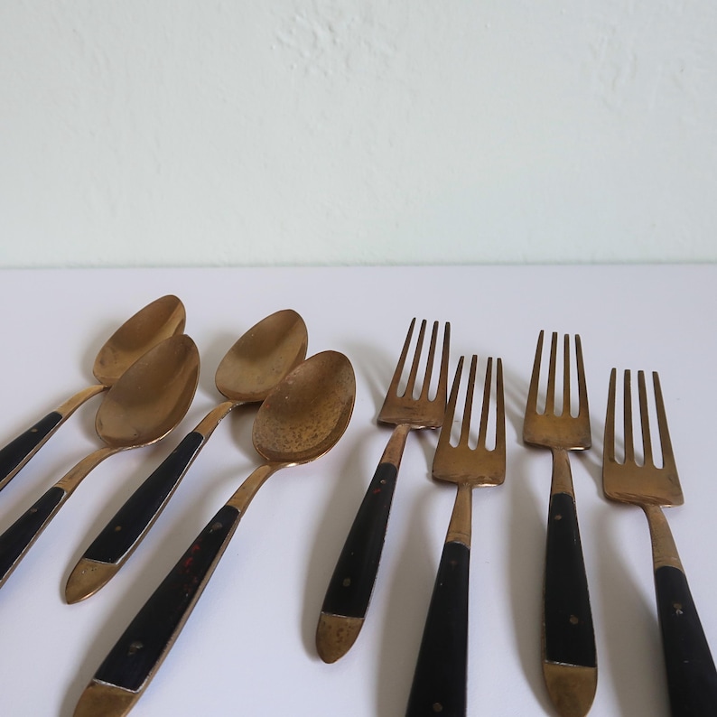 Vintage Brass Flatware Set: Mid-century Modern Boho Cutlery, Service ...