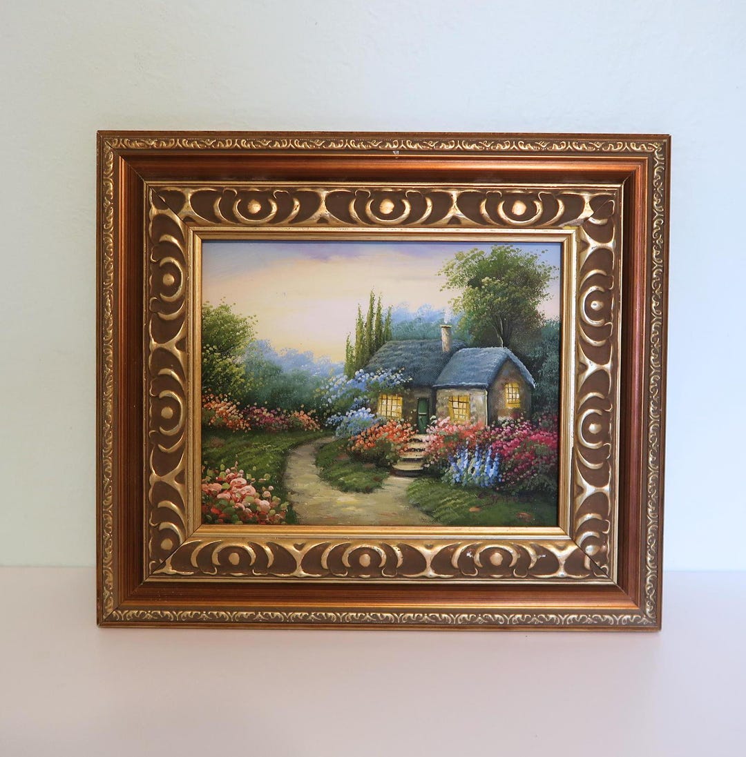 Vintage Original Oil Painting by C. Jaffey | Cottage Garden Scene in ...