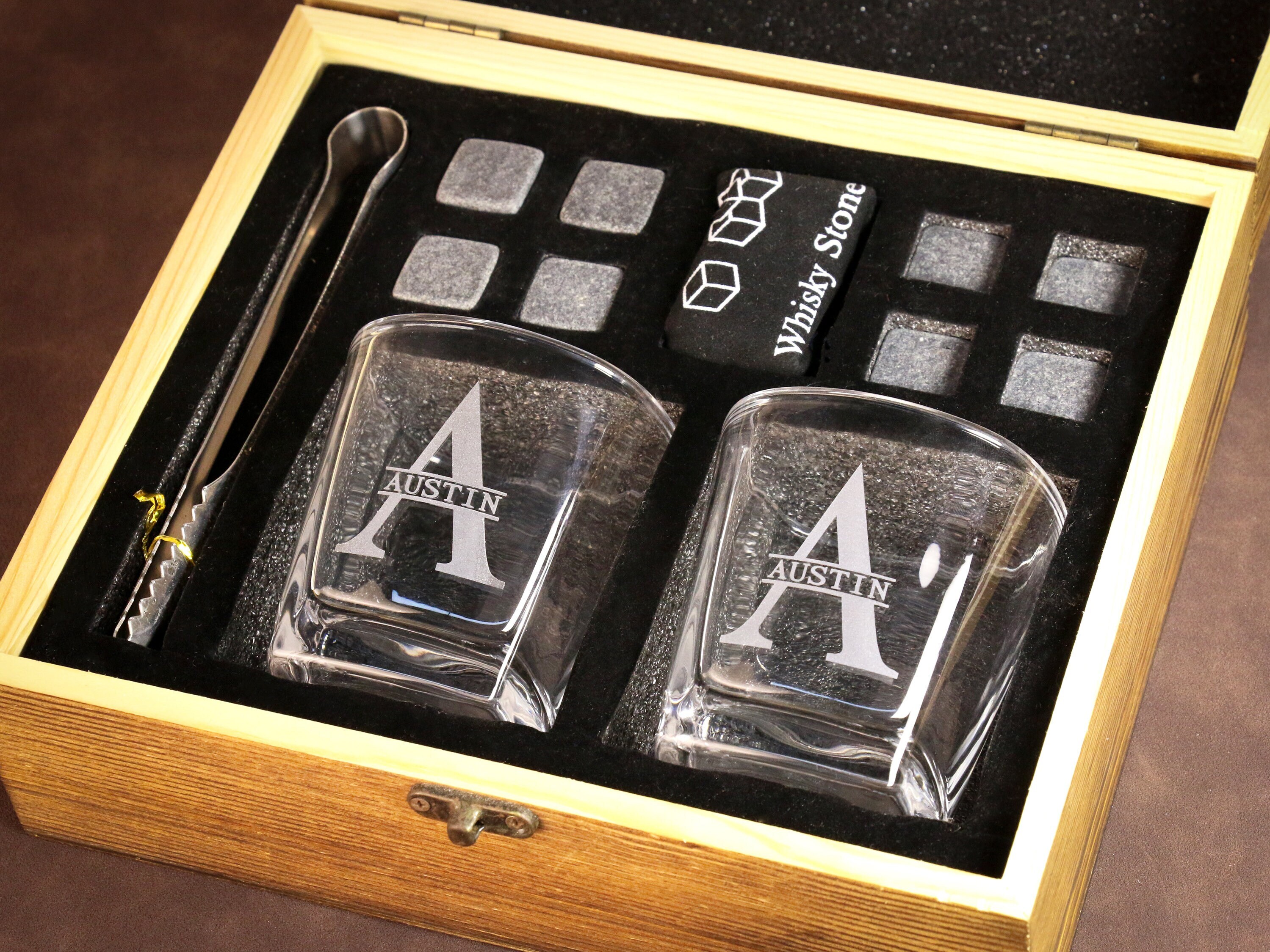 Personalized Whiskey Glass Set With Wooden Box, Whiskey Stone Set ...