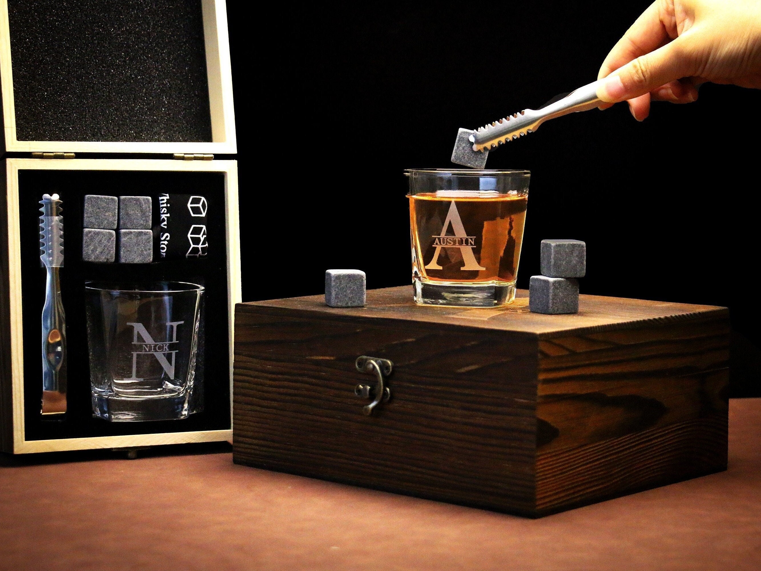 Personalized Whiskey Glass Set With Wooden Box, Whiskey Stone Set ...