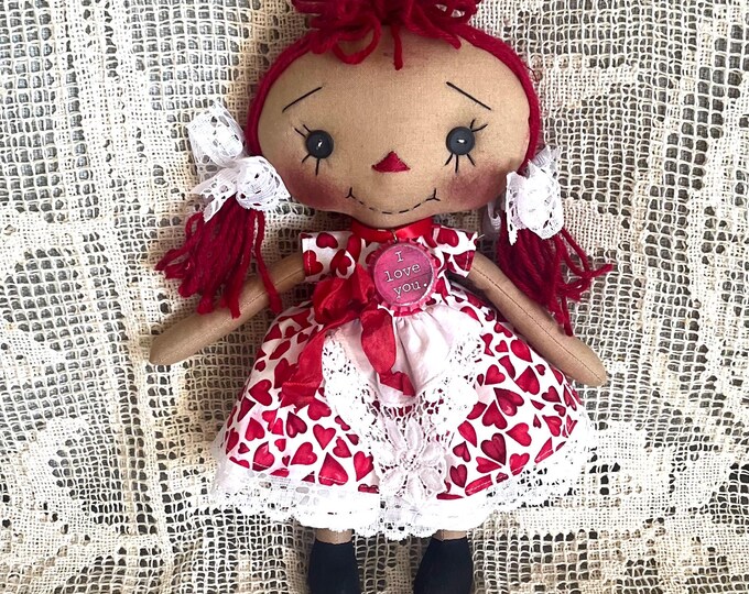 10” Handmade Valentine Rag Doll – Primitive Collector Doll – Heart ...