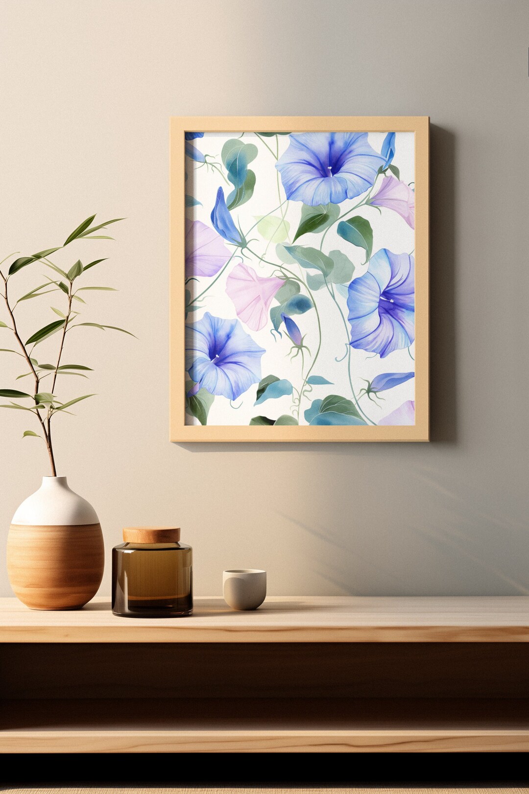 Morning Glory Poster Blue Flower Watercolour, Wall Art Poster, Home ...