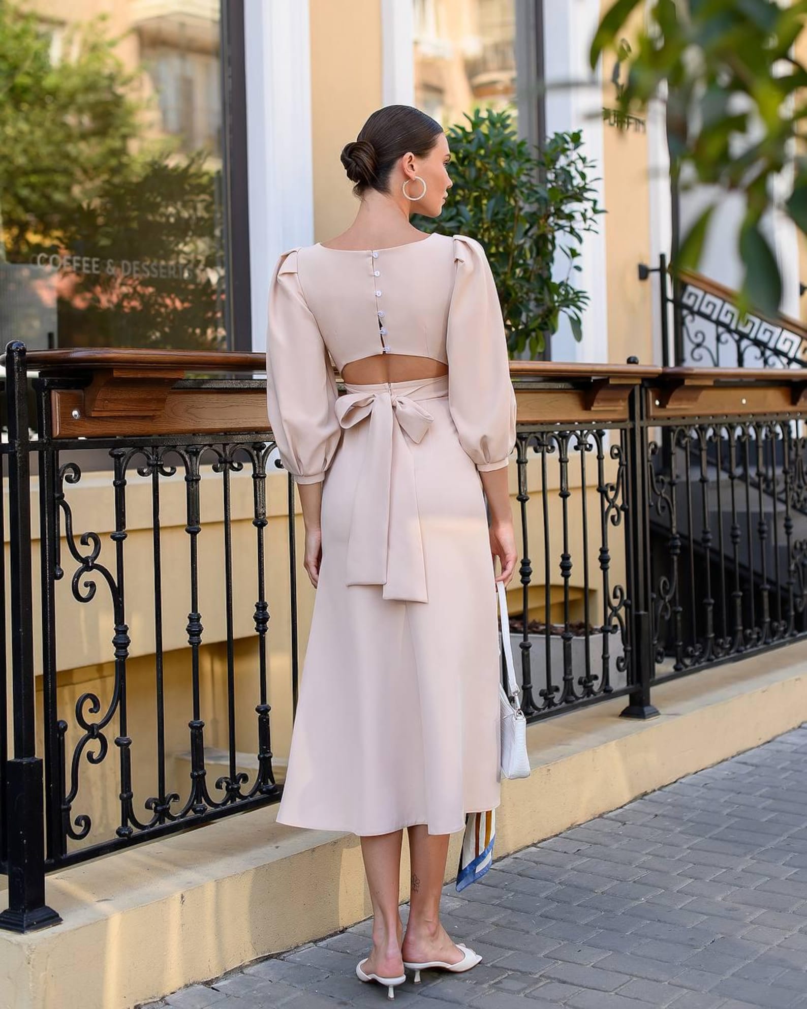 Beige Wedding Guest Dress Long Sleeve Open Back Midi Dress for Women - Etsy