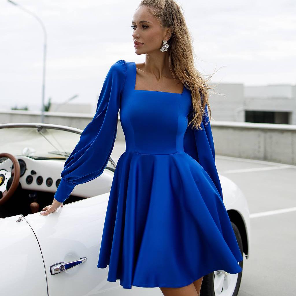 Chic Short Wedding Guest Dress Blue Satin Mini Dress With Long Puffy Sleeves And Flared Skirt