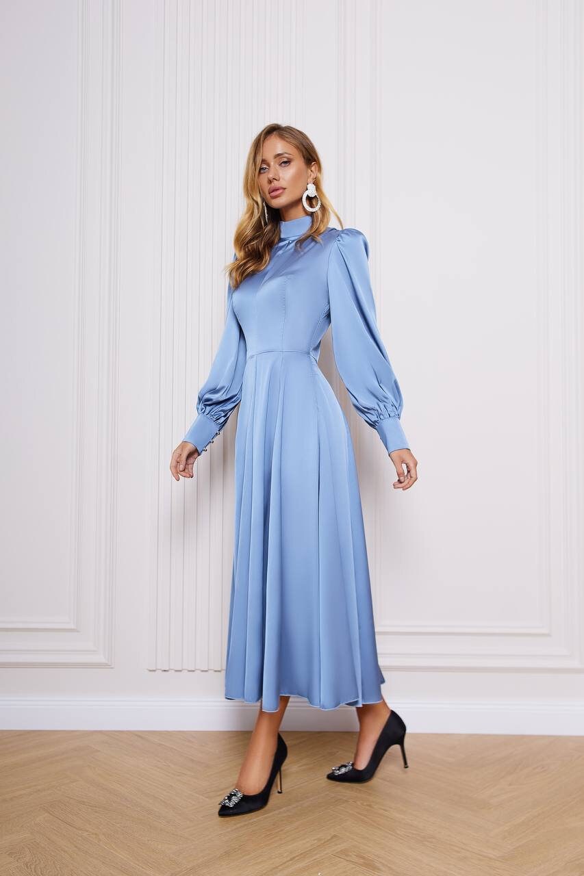 Chic Blue Satin Maxi Dress With Long Sleeves, Elegant Button Detail ...