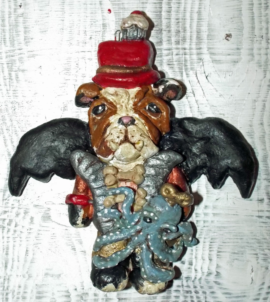 Folk Art English Bulldog Steam Punk Ornament With Octopus With Cupcake ...