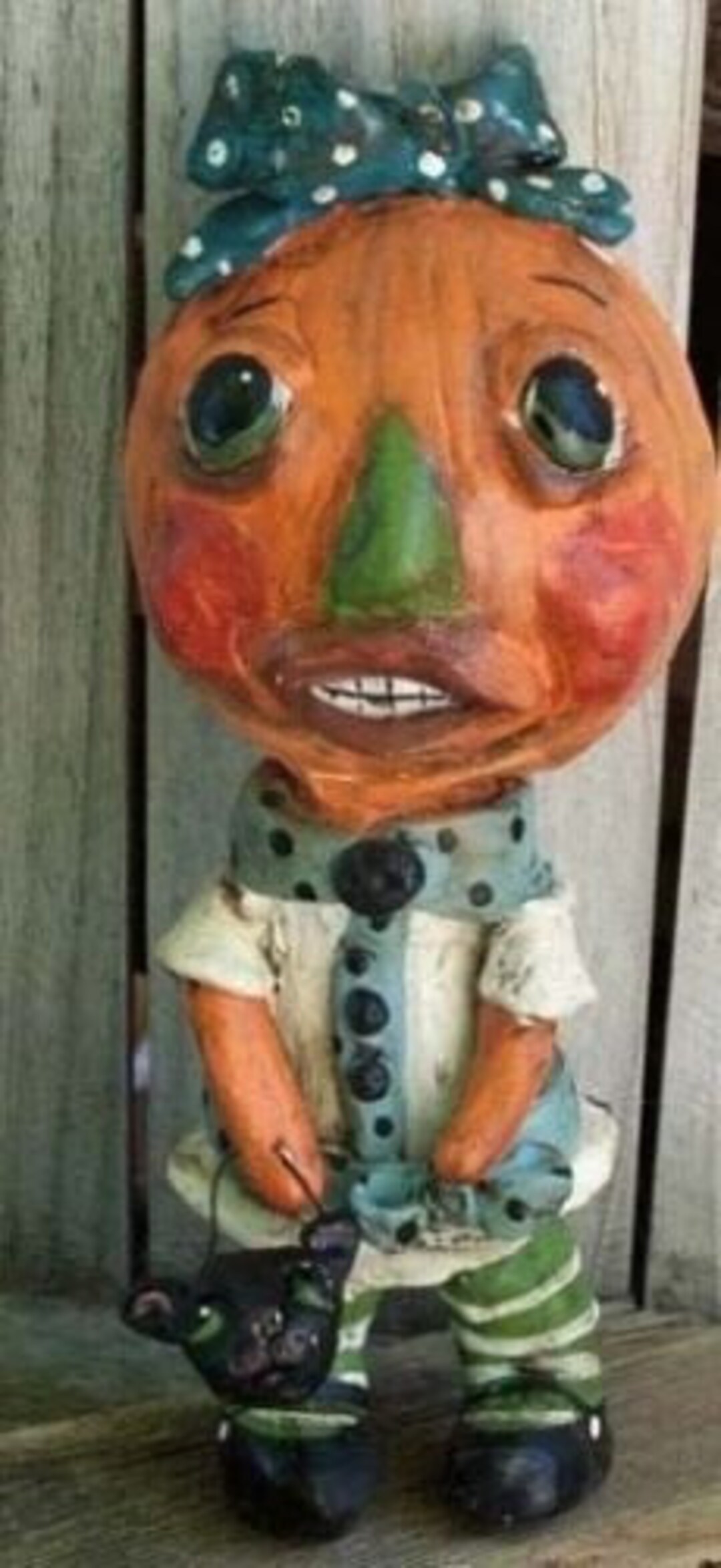 Whimsical Folk Art Pumpkin Bell Halloween Trick or Treater Pumpkin Doll ...