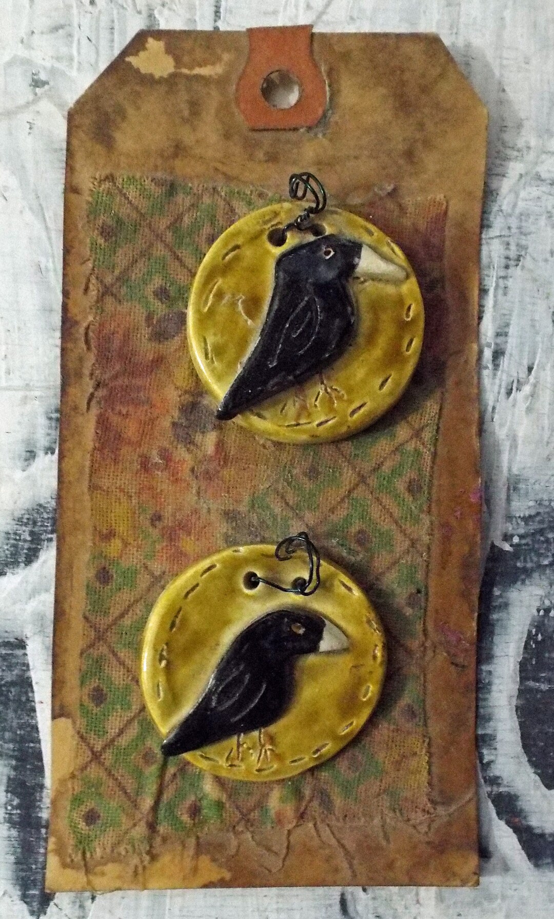 Primitive Folk Art Crow Buttons Pottery Fired Two Crow Buttons Handmade ...