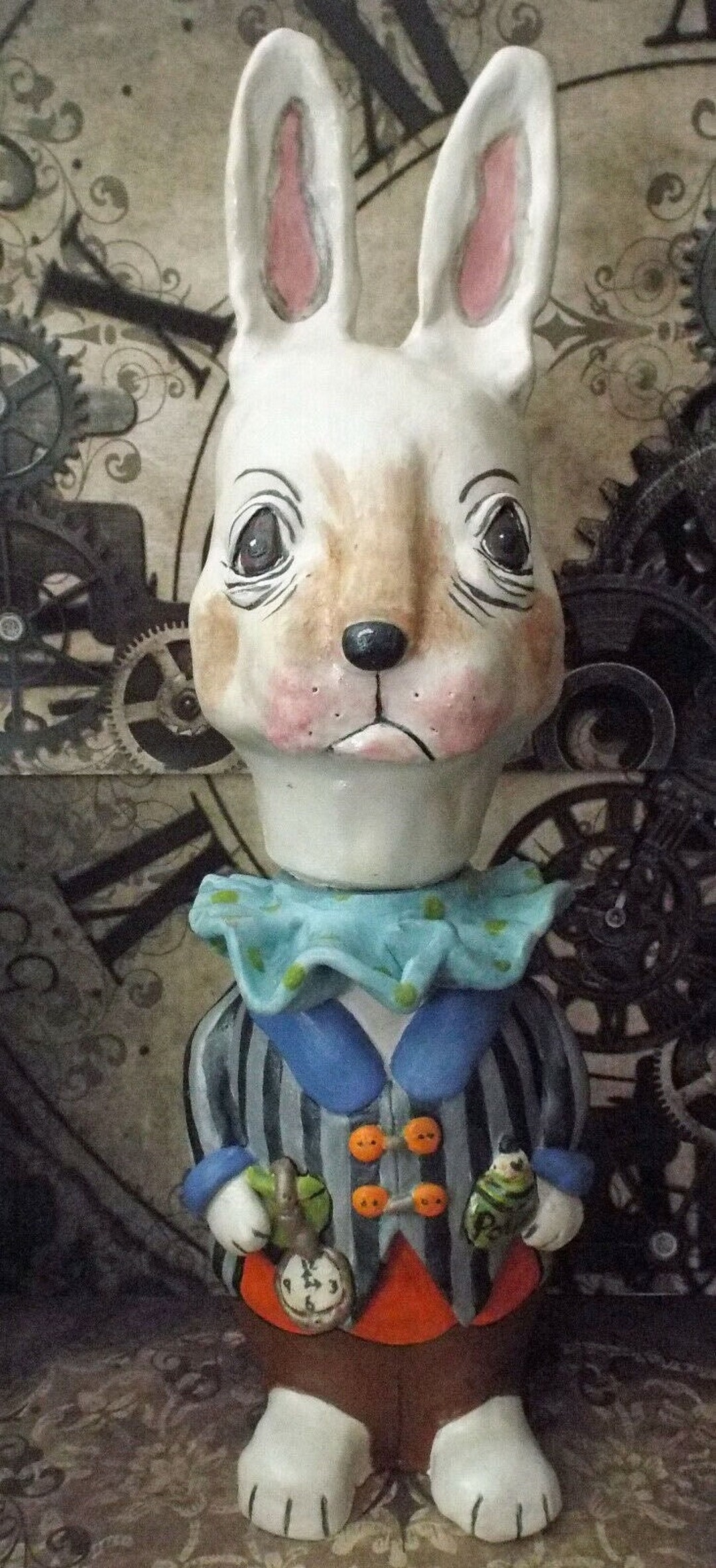 Folk Art Pottery Rabbit Container One of a Kind, White Bunny Character ...