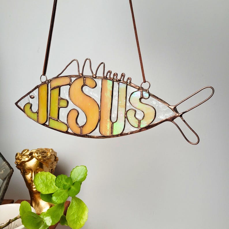 Stained Glass Jesus Fish | Christian Wall Art | Religious Suncatcher ...
