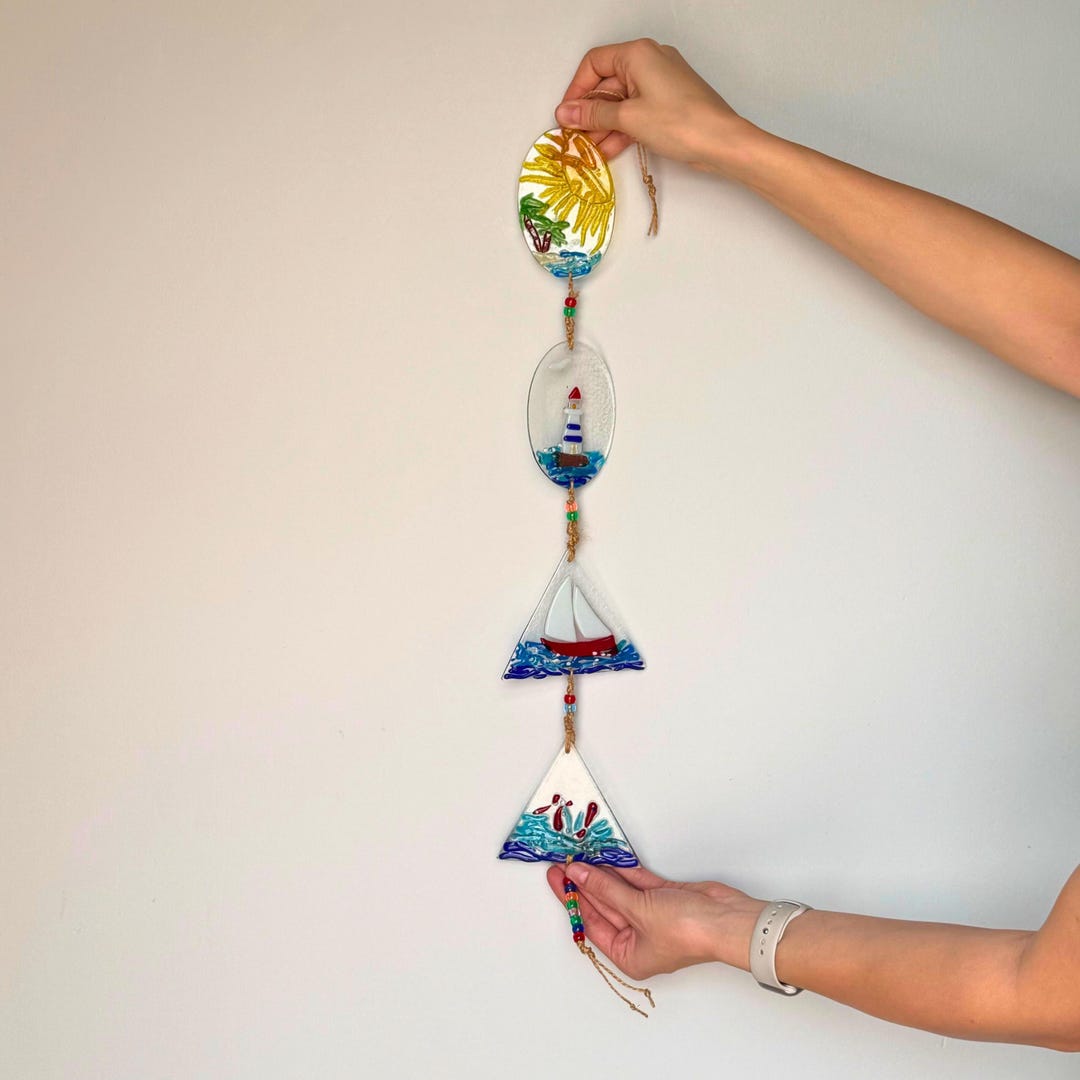 Fused Glass Wall Art – Nautical Sun, Ship, Lighthouse, and Fish | Ocean ...