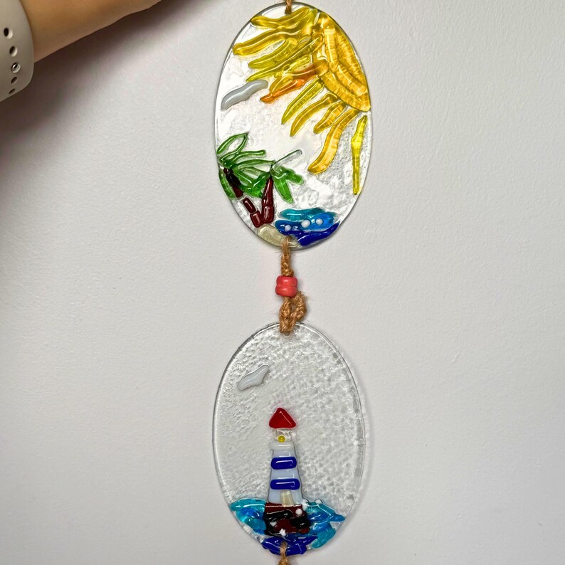 Fused Glass Wall Art – Nautical Sun, Ship, Lighthouse, and Fish | Ocean ...