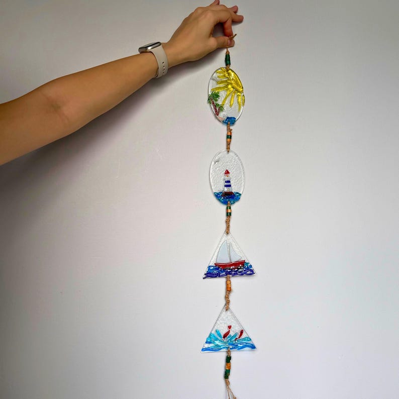Fused Glass Wall Art – Nautical Sun, Ship, Lighthouse, and Fish | Ocean ...