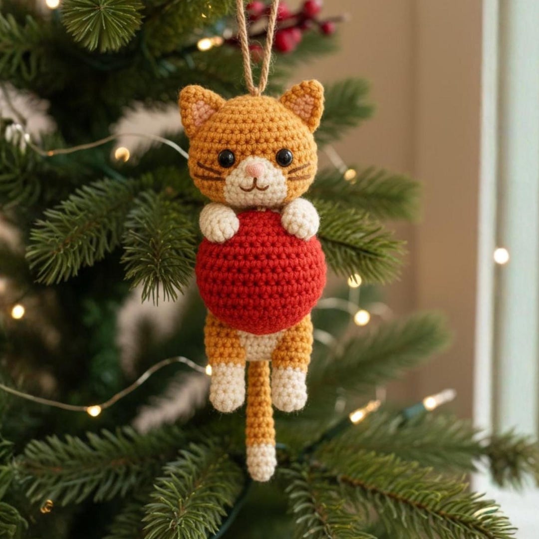 Cat With Christmas Ball Crochet Pattern - Cute Cat Christmas Ornament ...