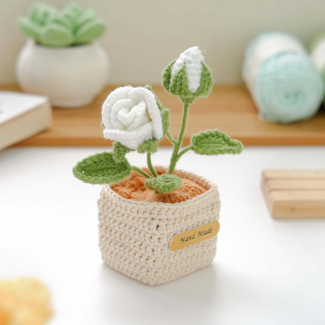 Crochet Mini White Rose Flower Pot PDF Pattern, Desktop Flower Pots ...