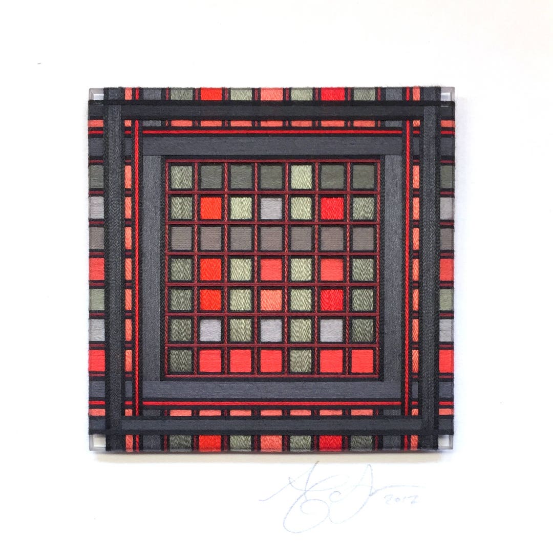 Framed Thread Wrapping in Red and Charcoal Quilt Block in a Black Frame ...