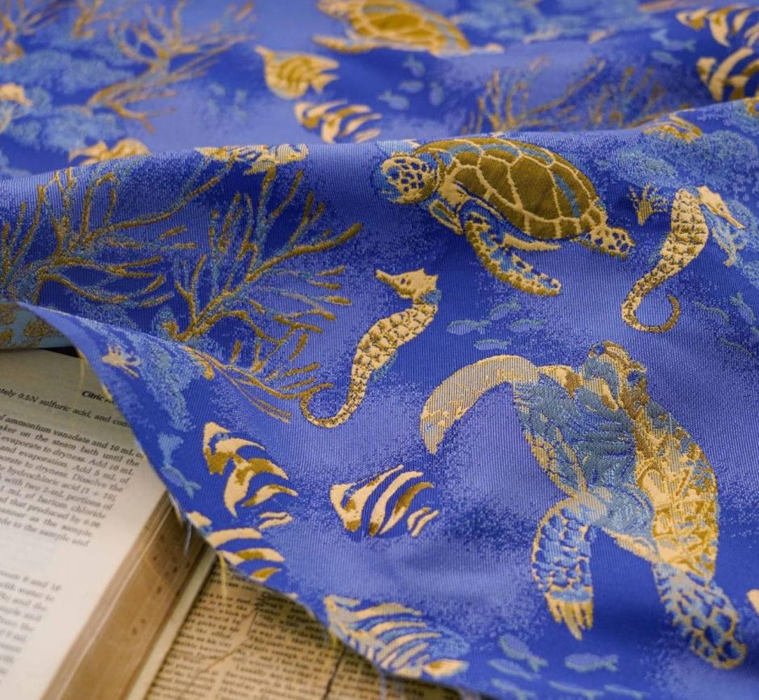 Blue & Gold Marine Jacquard Fabric by the Yard, Seahorse Coral Reef ...