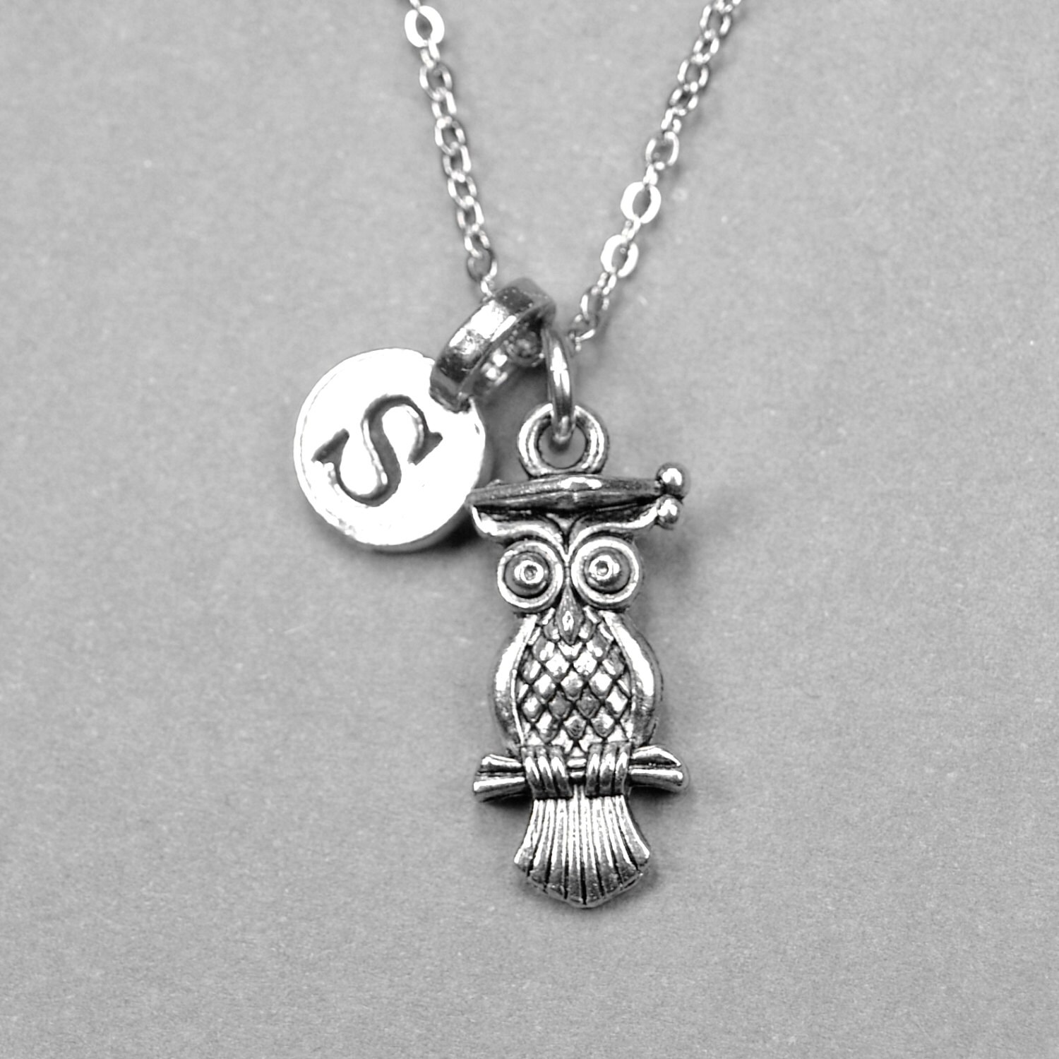 Small Graduation Owl Charm Necklace Silver Plated Silver - Etsy