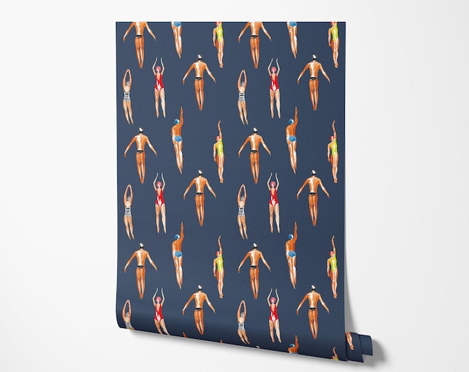 Swim Blue Peel and Stick Wallpaper, Pool Swimmers Female Wallpaper ...