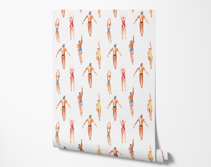 Swim Blue Peel and Stick Wallpaper, Pool Swimmers Female Wallpaper ...