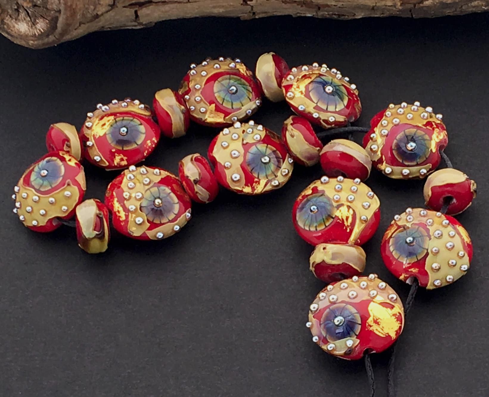 Red Lampwork Beads For Jewelry Making Lentil Glass Beads Textured Beads ...