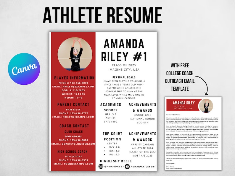 Athlete Resume, College Recruiting Editable Canva Template, Camps ...