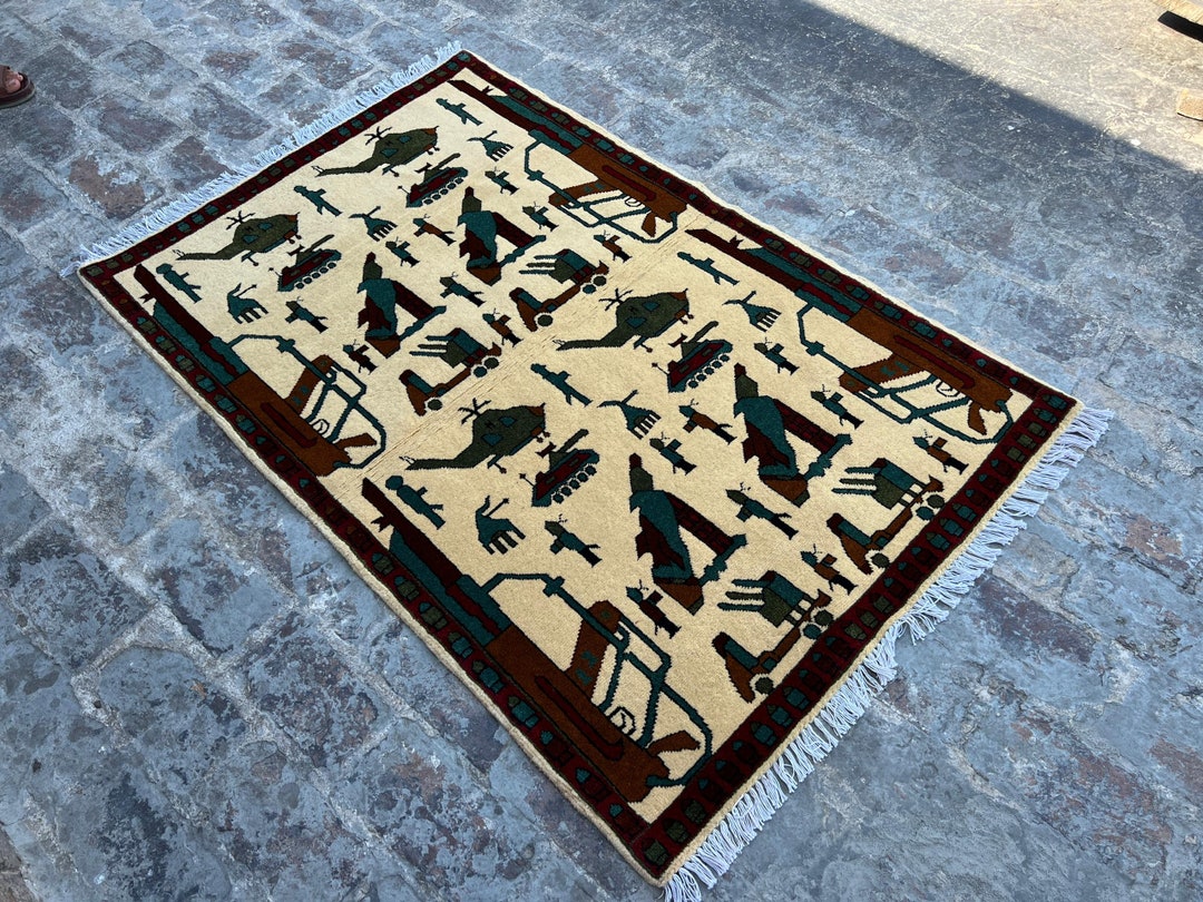 5 X 3 Afghan War Rug, Wool Hand Knotted War Rug , Pictorial Rug for ...