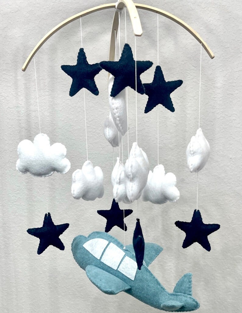 Airplane Crib Mobile, Clouds Nursery, Crib Bedding Decorations, Handmade Gift, Baby Shower Gift ...
