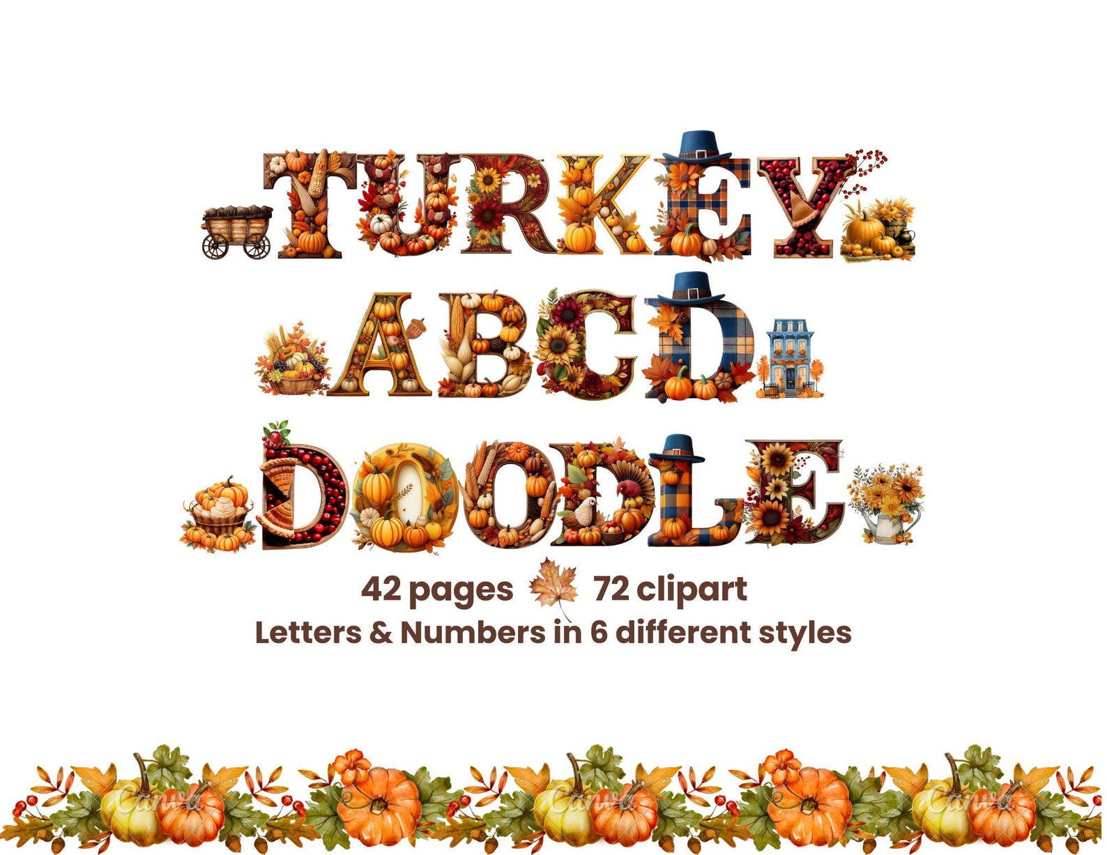 Thanksgiving Alpha Doodle | Turkey Doodle Bundle W/ Letters, Numbers ...