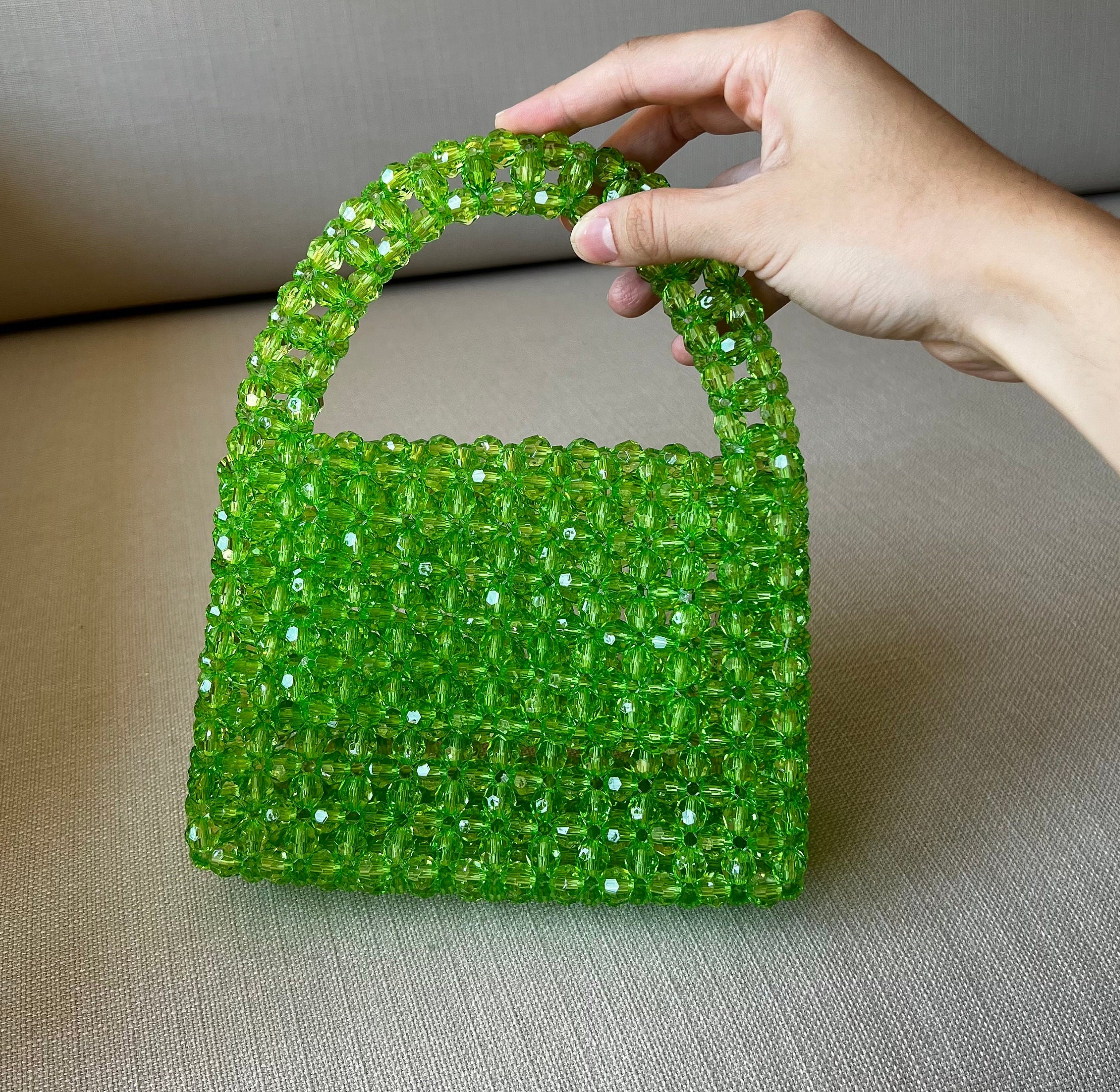 Green Crystal Bead Bag, Top Handle Bead Bag, Women Bead Bag, Bead ...