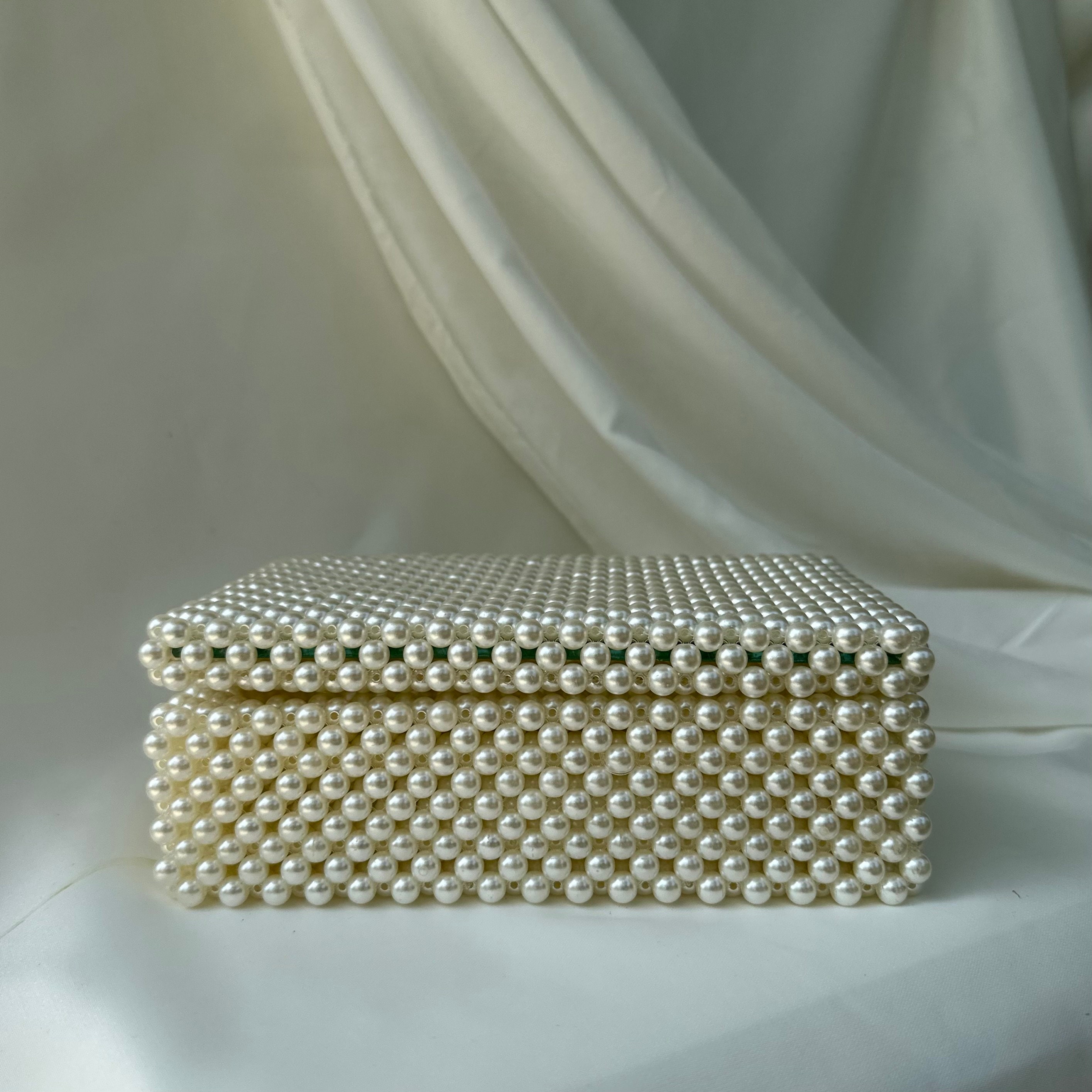 Pearl Wedding Jewelry Box With Mirror, Vintage Pearl Beaded Jewelry Box ...