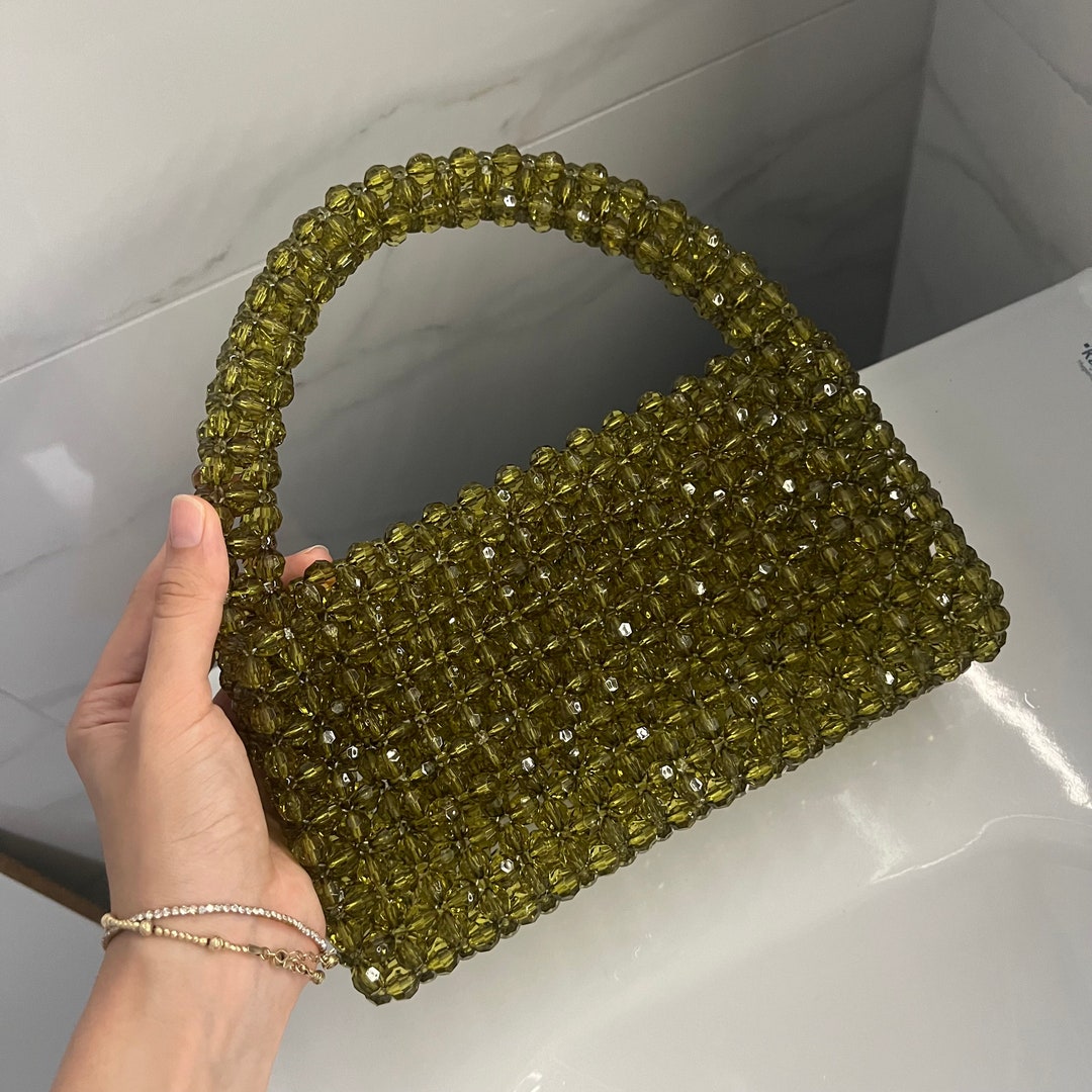Green Crystal Bead Bag, Top Handle Bead Bag, Handmade Luxury Bag ...