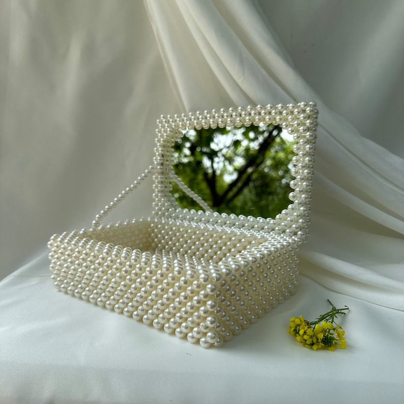 Pearl Wedding Jewelry Box With Mirror, Vintage Pearl Beaded Jewelry Box ...