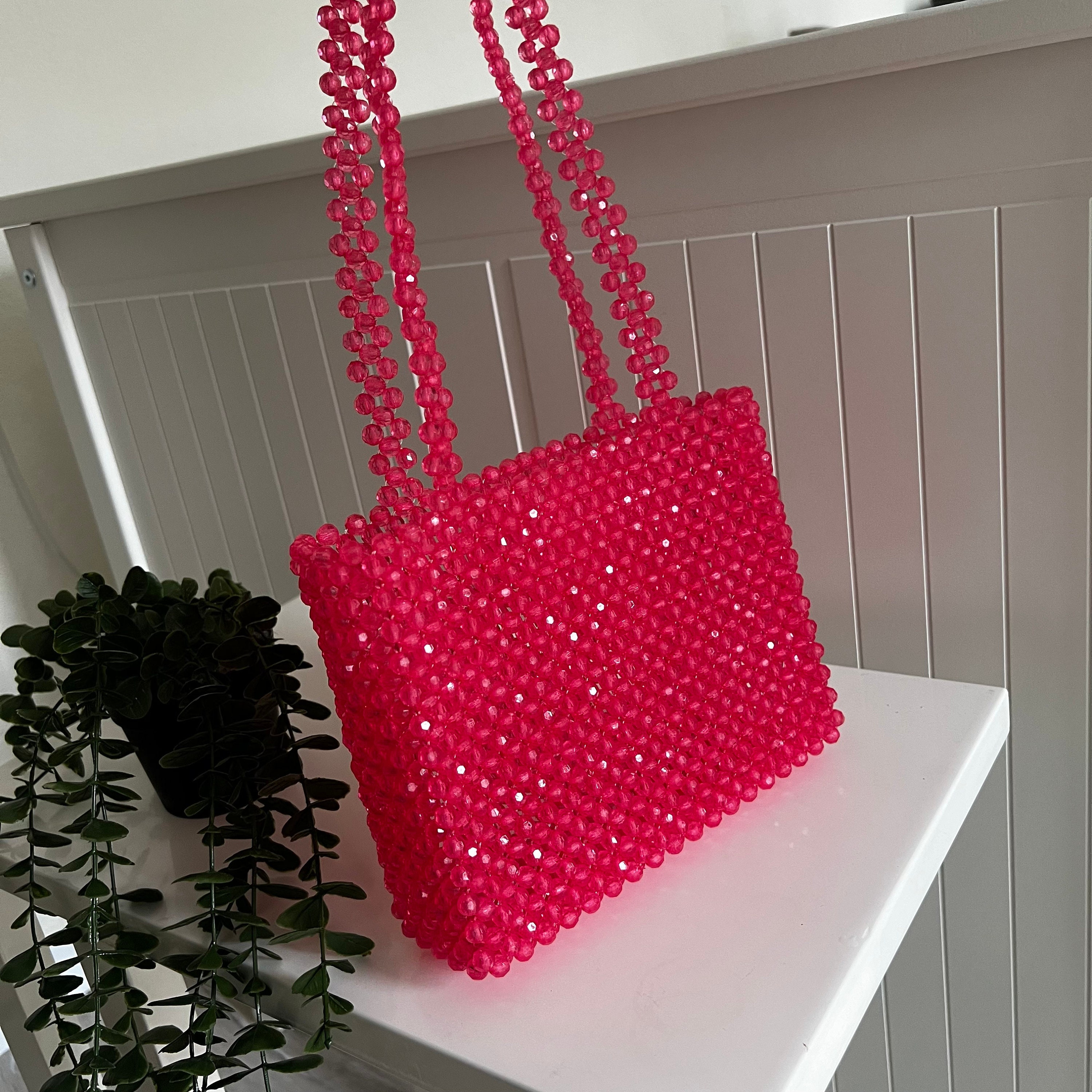 Pink Crystal Bead Bag, Bead Shoulder Bag, Women Bead Bag, Fuchsia ...