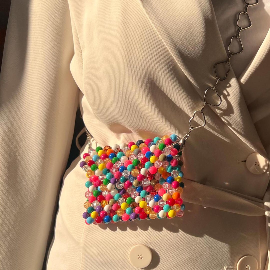 Rainbow Beaded Mini Bag: Handmade Crystal Shoulder Bag With Heart Strap ...