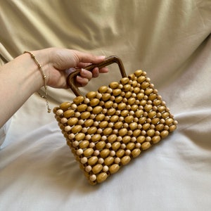 Wood Bead Bag, Boho Women Handbag, Square Beige Wood Bead Bag, Boho ...