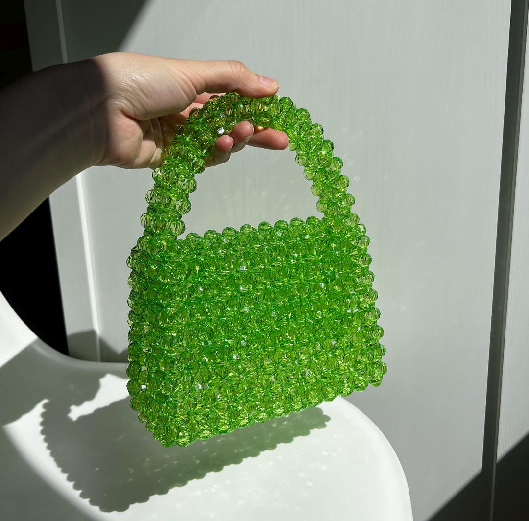 Green Crystal Bead Bag, Top Handle Bead Bag, Women Bead Bag, Bead ...