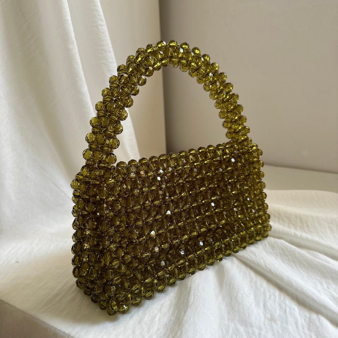 Crystal Beaded Bag With Handle, Dark Green Beaded Bag, Evening Bag for ...